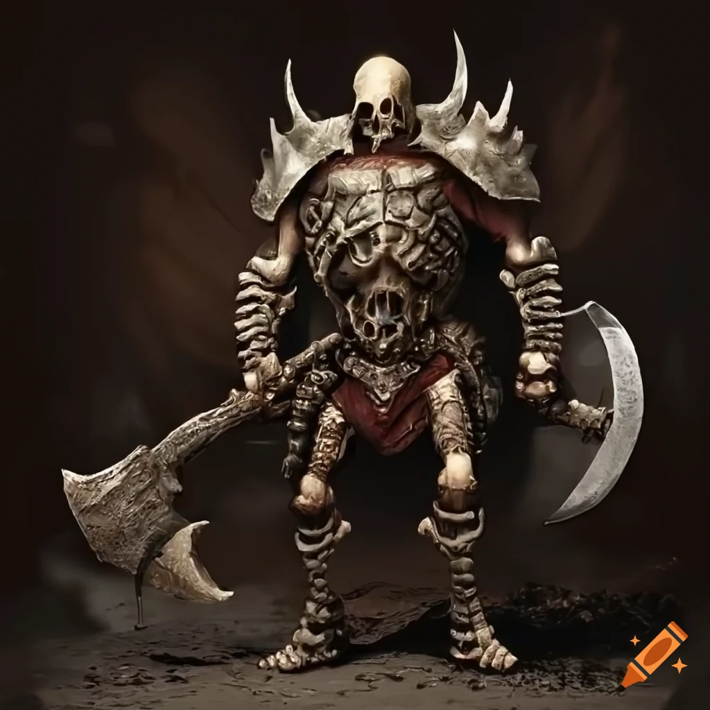 Armored evil skeleton warchief holding a battle axe on Craiyon