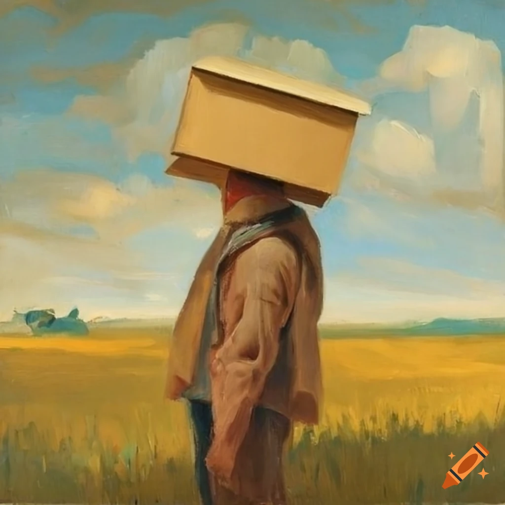 Man wearing a box standing in a field, oil painting on Craiyon