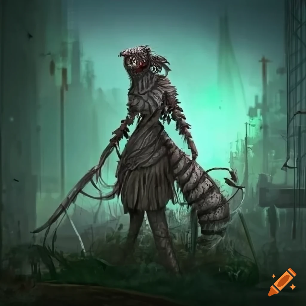 Elegant female anthro spider mutant survivor in a post-apocalyptic city ...