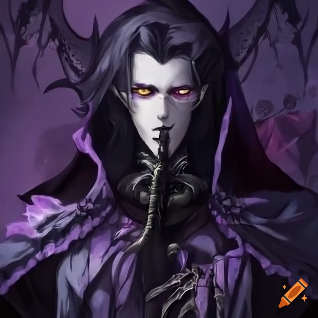 Gothic necromancer man with long black hair and purple glowing eyes ...