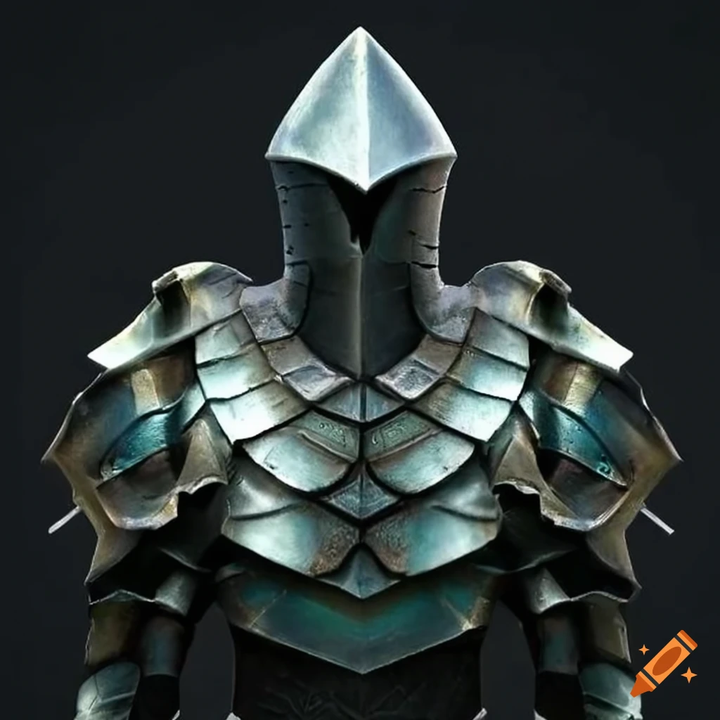 Front view of intricately decorated lacquered magic armor on Craiyon