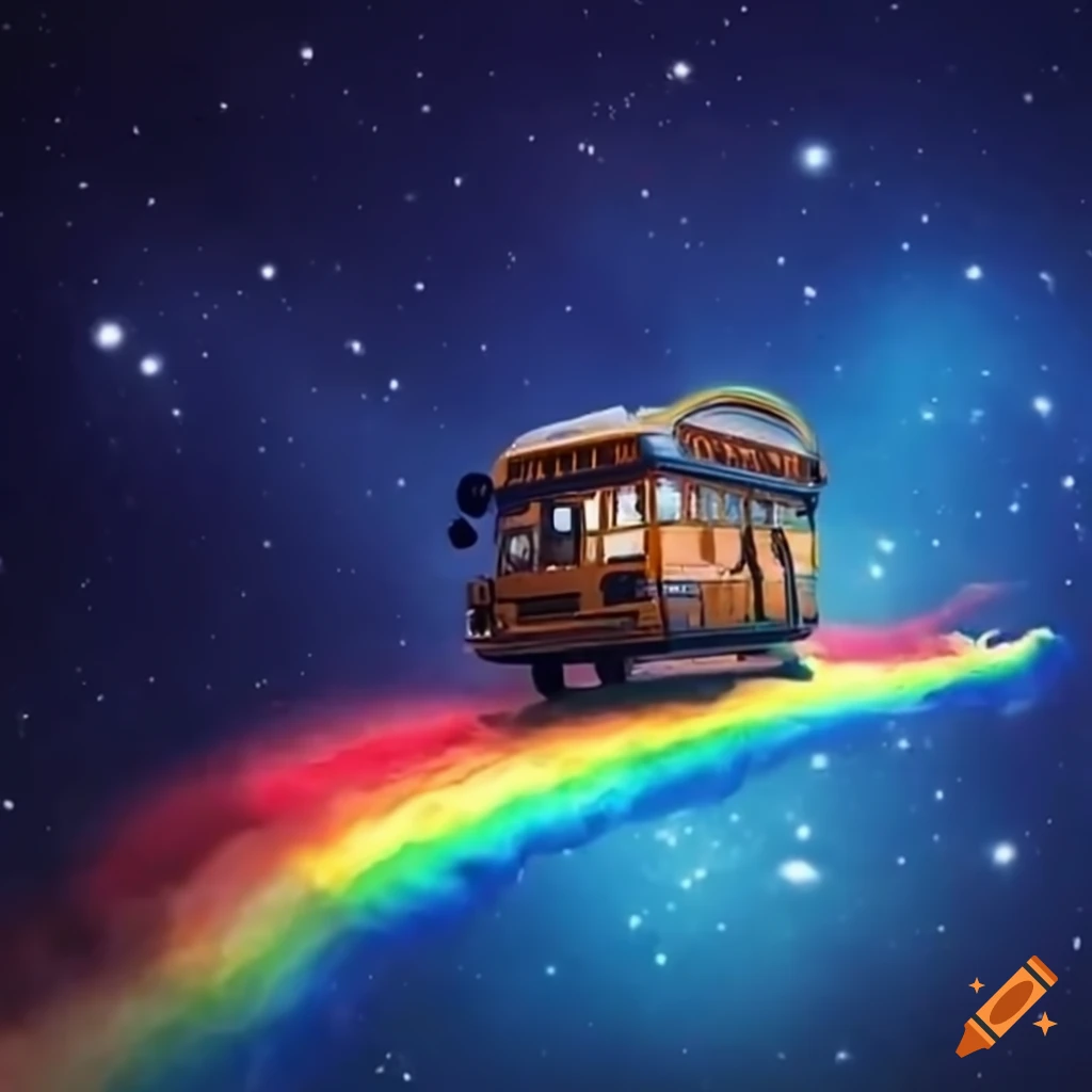 Kanye west riding a magical school bus rainbow in space on Craiyon