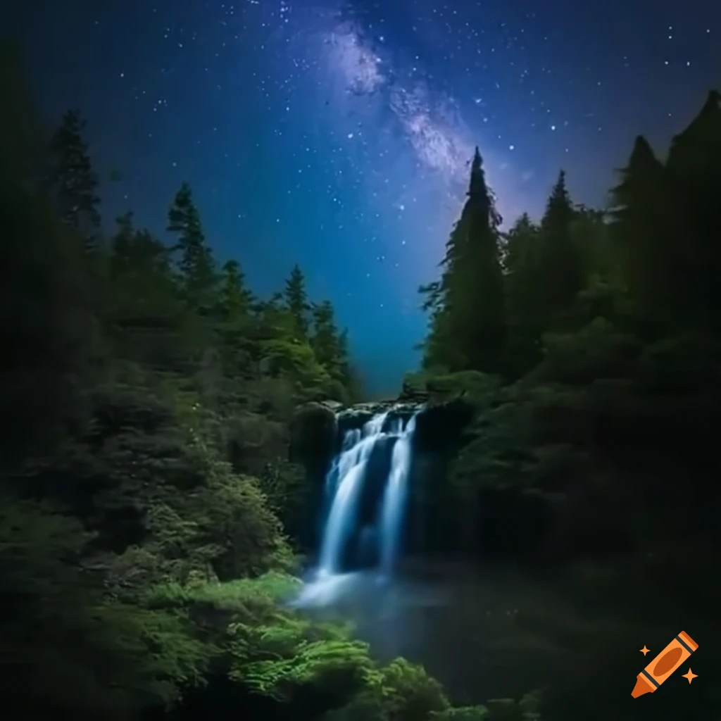 Waterfall in the forest with a black dragon under a starry night sky on Craiyon