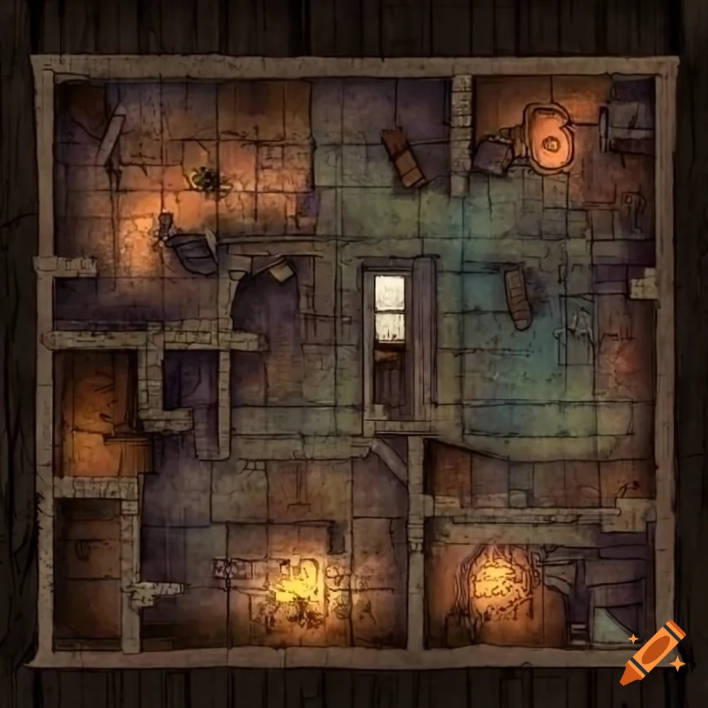 Fantasy rpg dungeon map of a derelict building on Craiyon