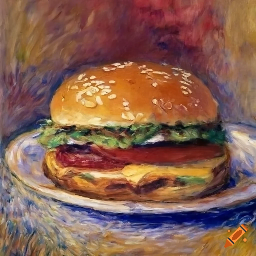 Delicious burger on a plate with impressionist painting style on Craiyon