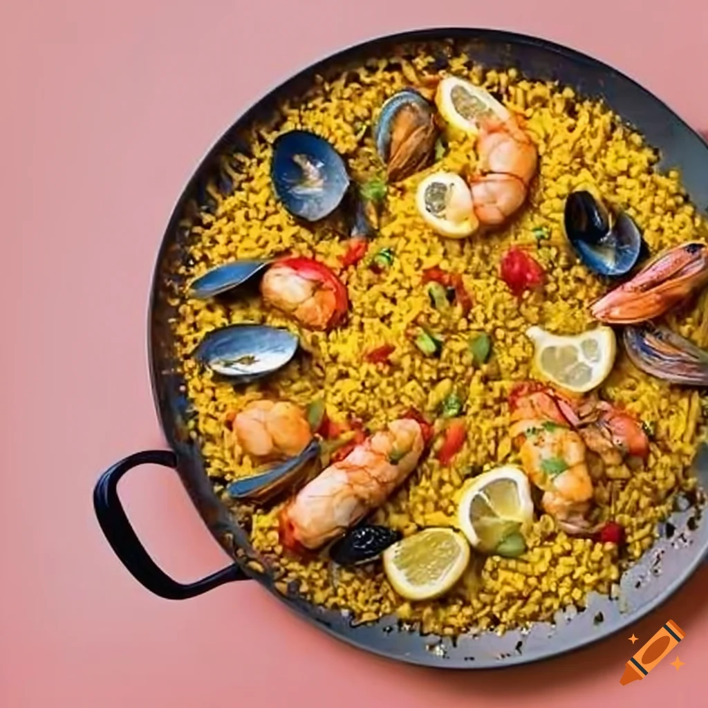 Plate of authentic Spanish paella with saffron rice and seafood on Craiyon