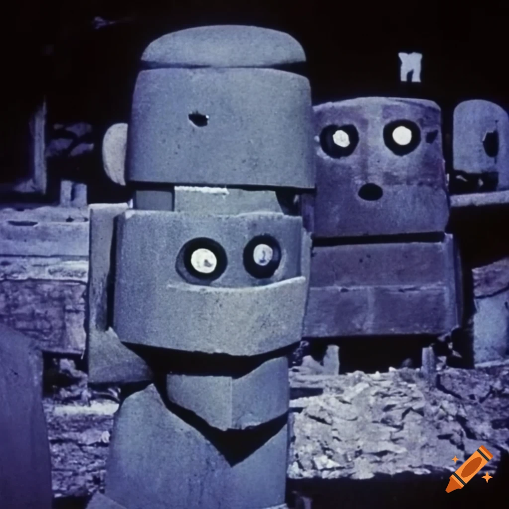 Collection of archival footage showing ancient stone robot megaliths on ...