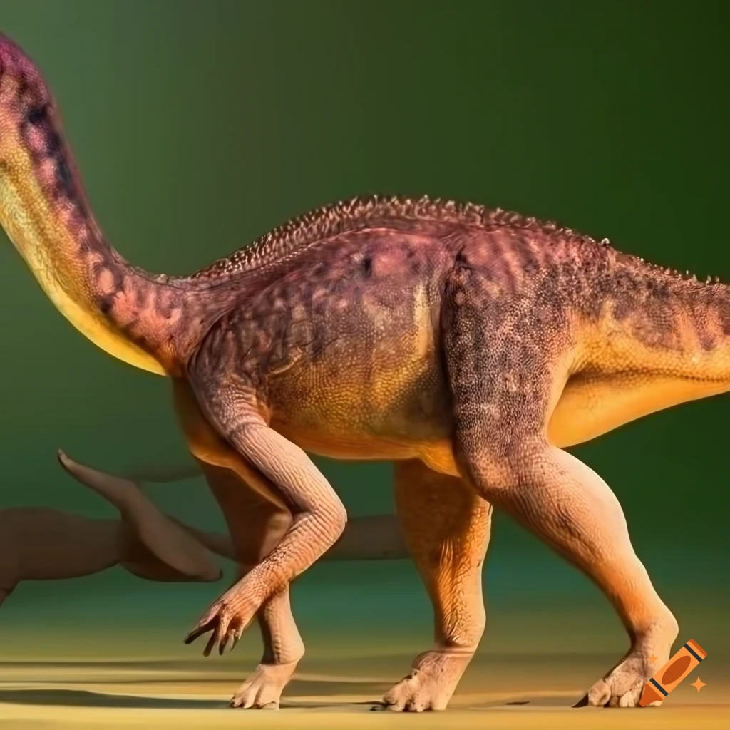 Colorful hadrosaurus dinosaur with detailed scaly skin in morning light ...