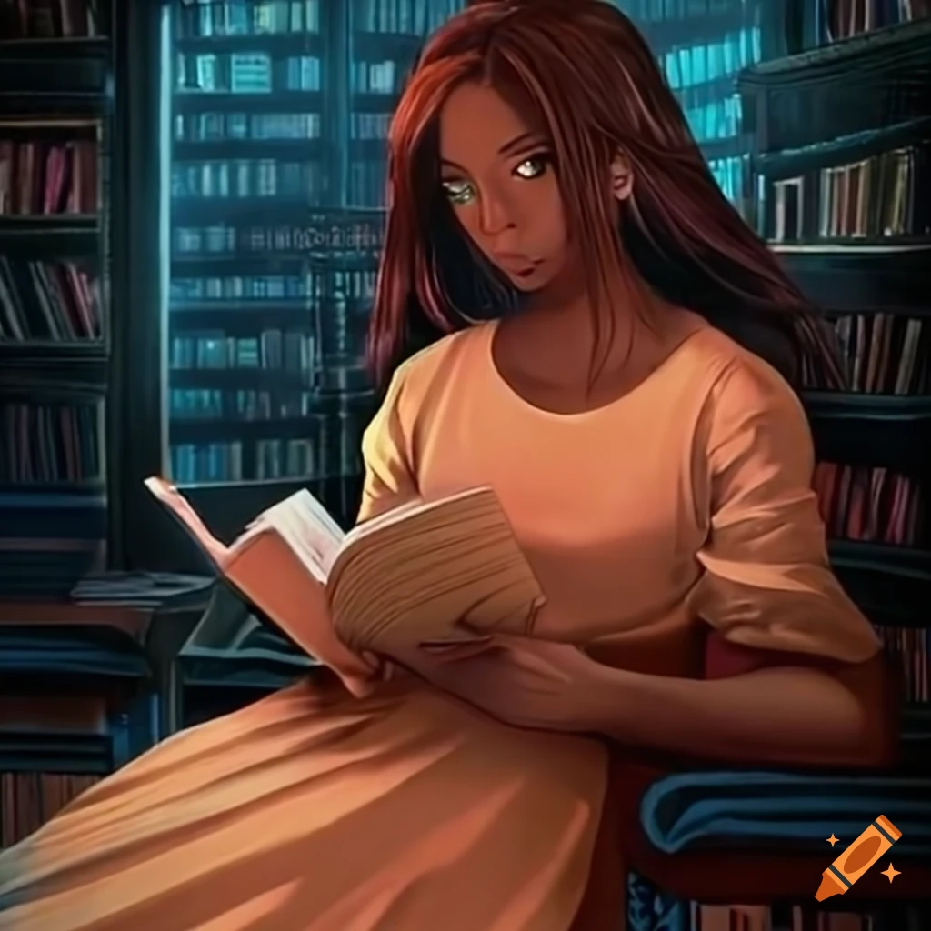 Stylish woman of color reading a captivating book in a quiet library on ...