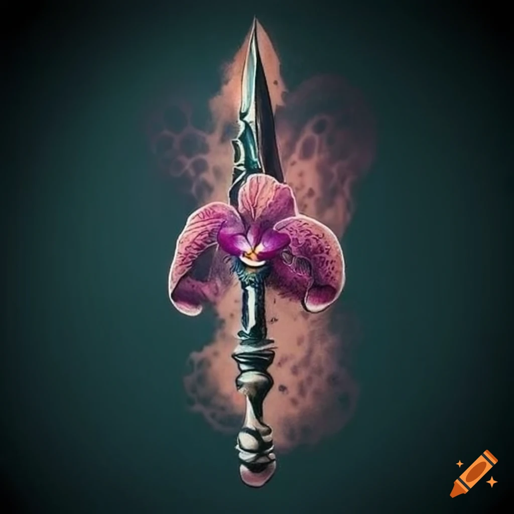 Tattoo of a spear weapon with an orchid design on Craiyon