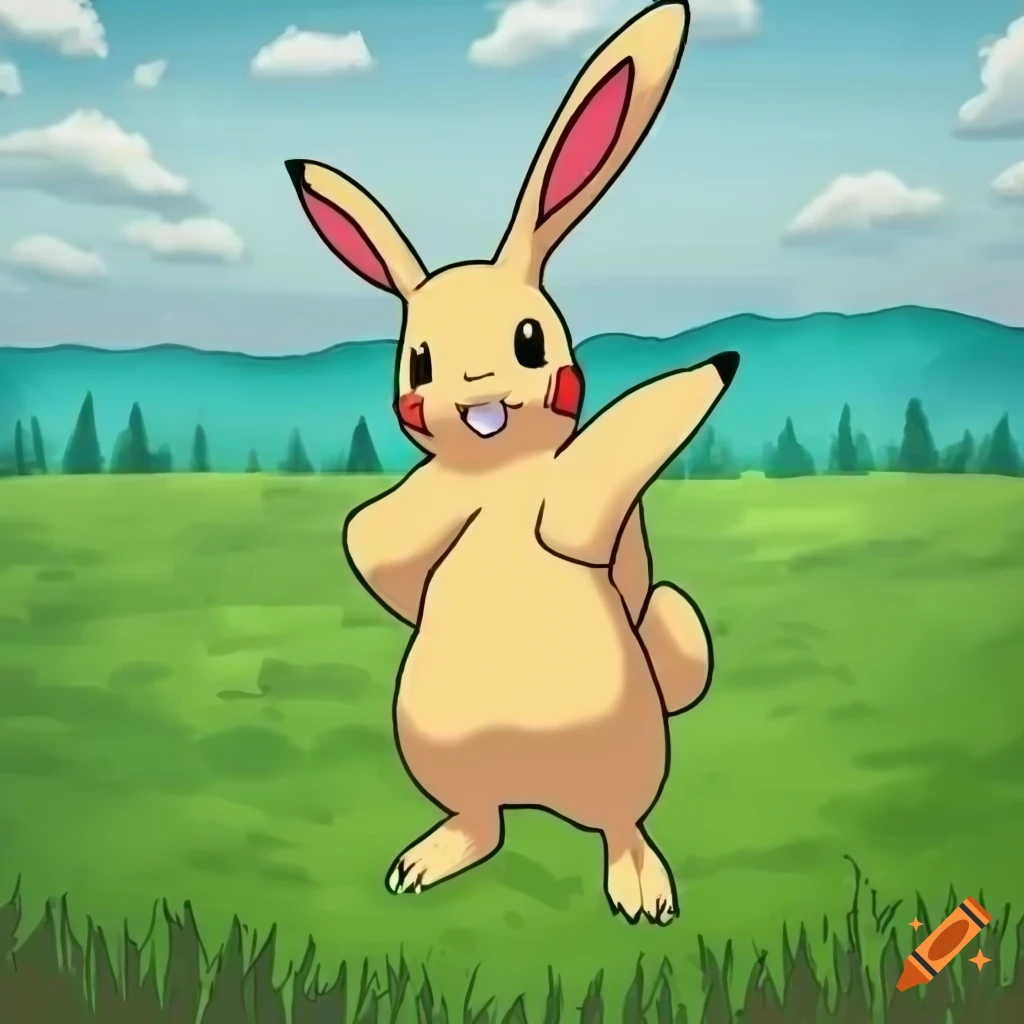 Anthropomorphic bunny Pokemon standing tall on verdant grassland on Craiyon