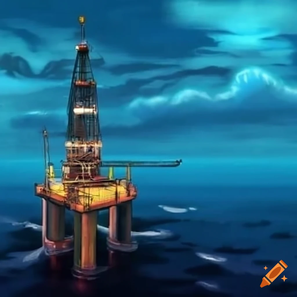 Oil rig in rough seas with spilled oil on Craiyon