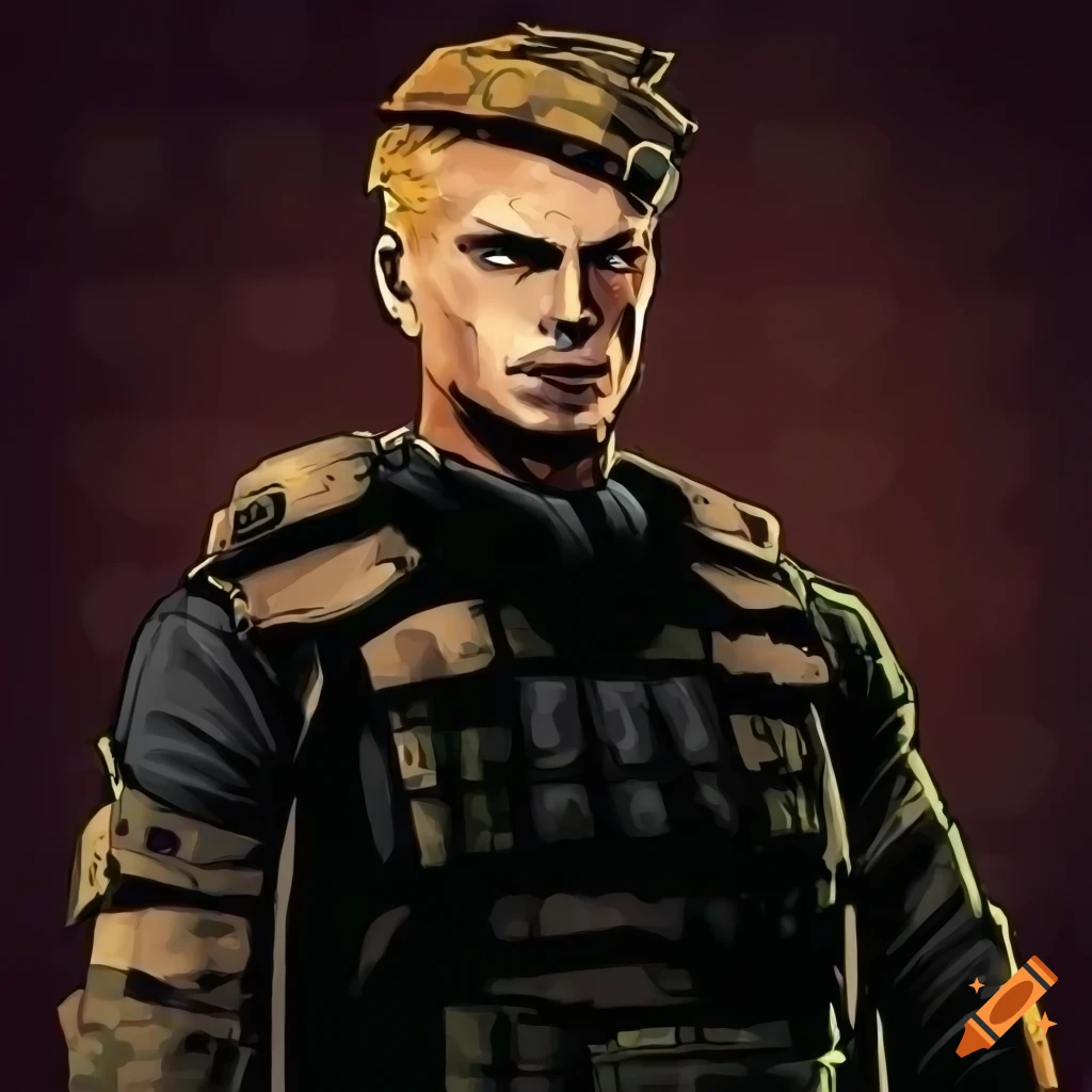 Handsome man in black military uniform in a modern comic book style on ...