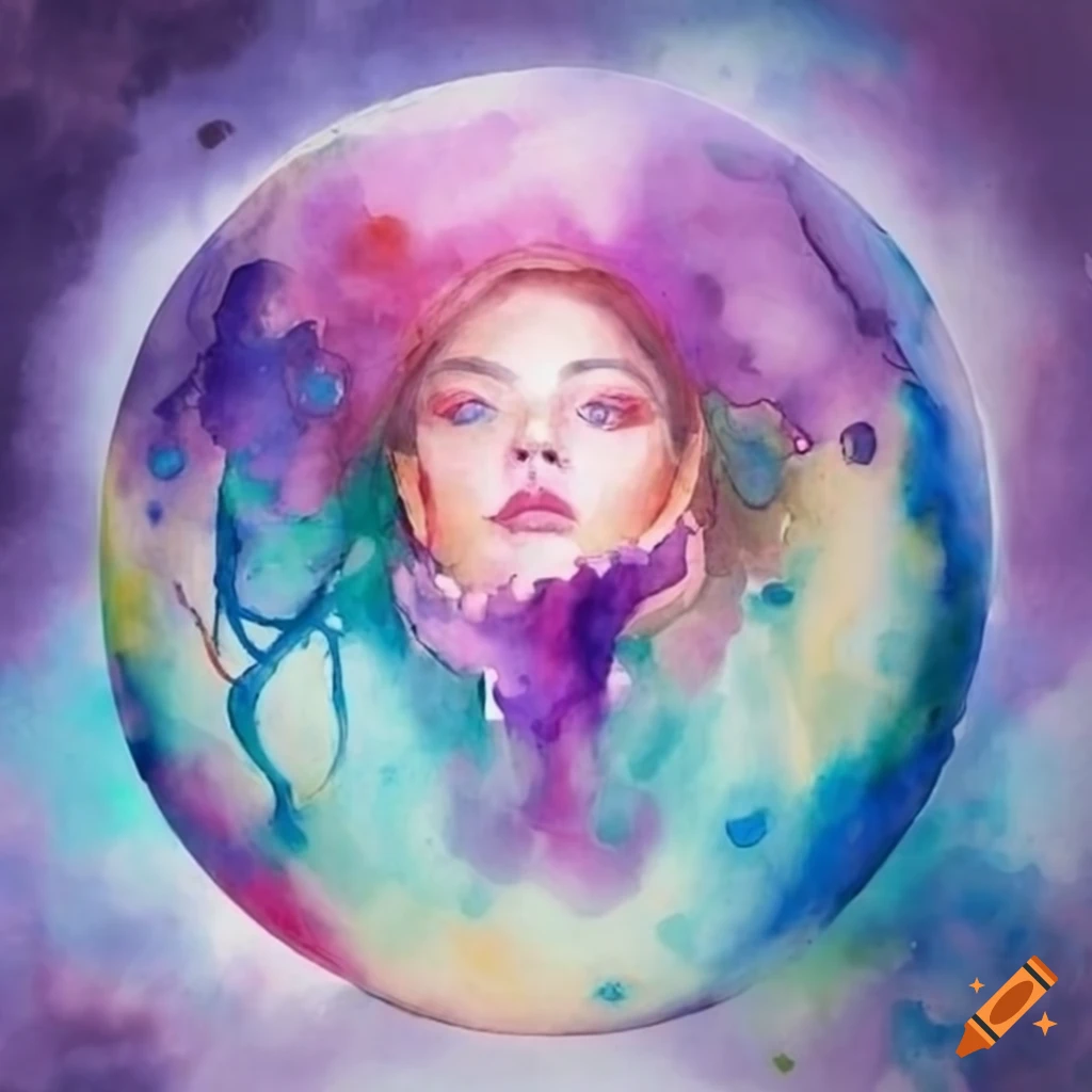 Ethereal woman with painted hands and a watercolor sphere symbolizing ...