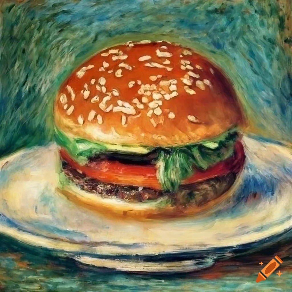 Delicious burger on a plate with impressionist painting style on Craiyon