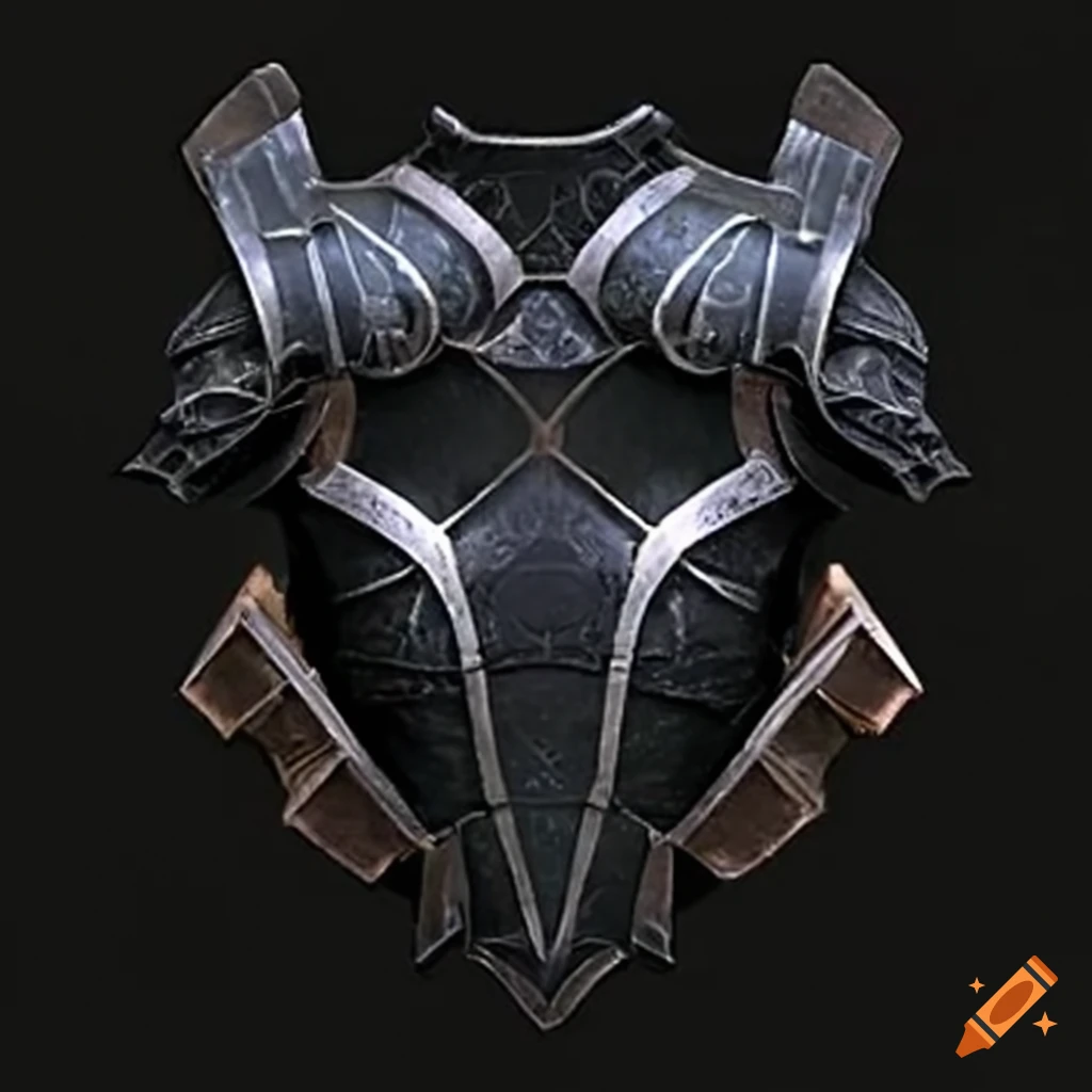 Front view of adorned magical black armor on Craiyon