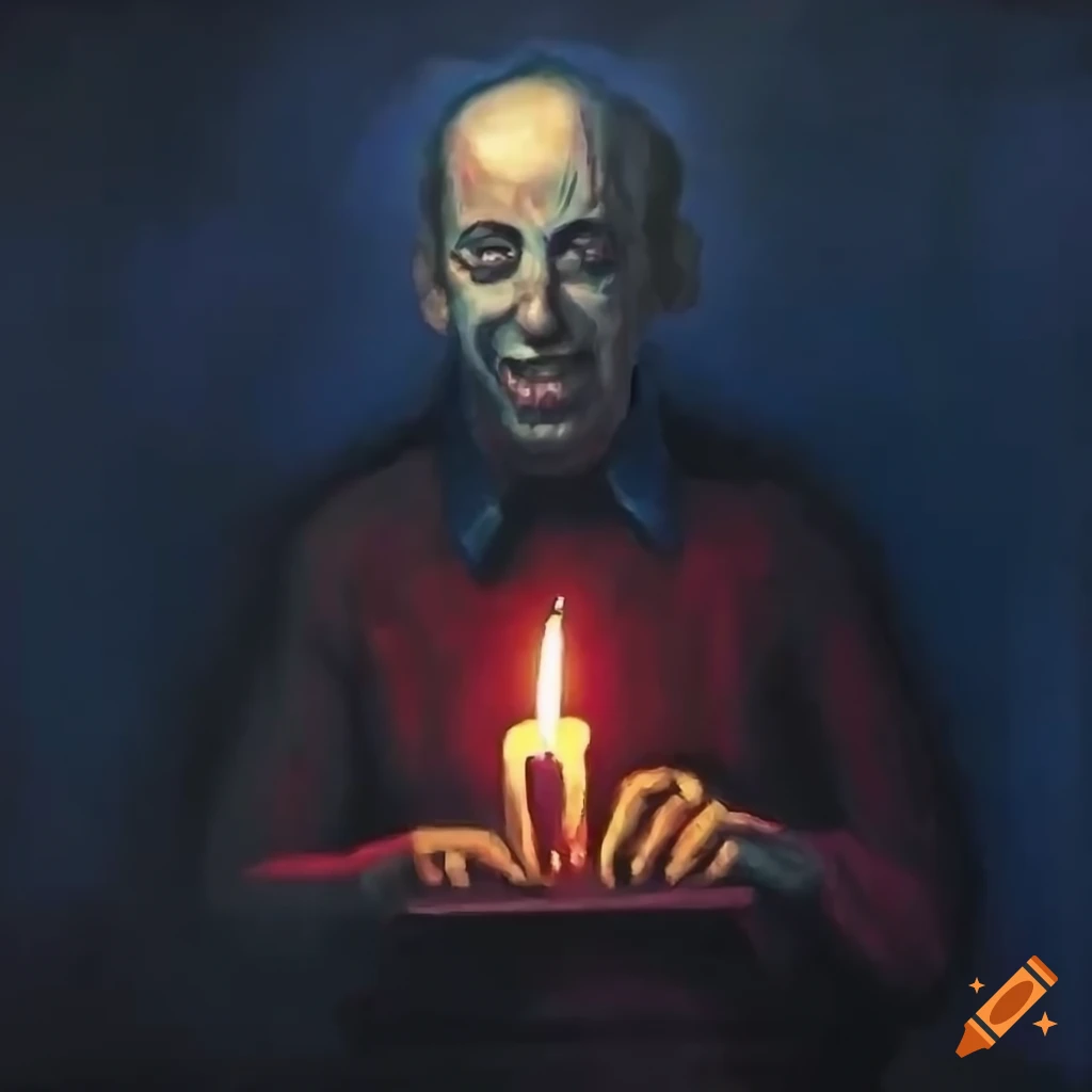 Gary Gensler holding a sign in a dark unsettling painting with candles ...