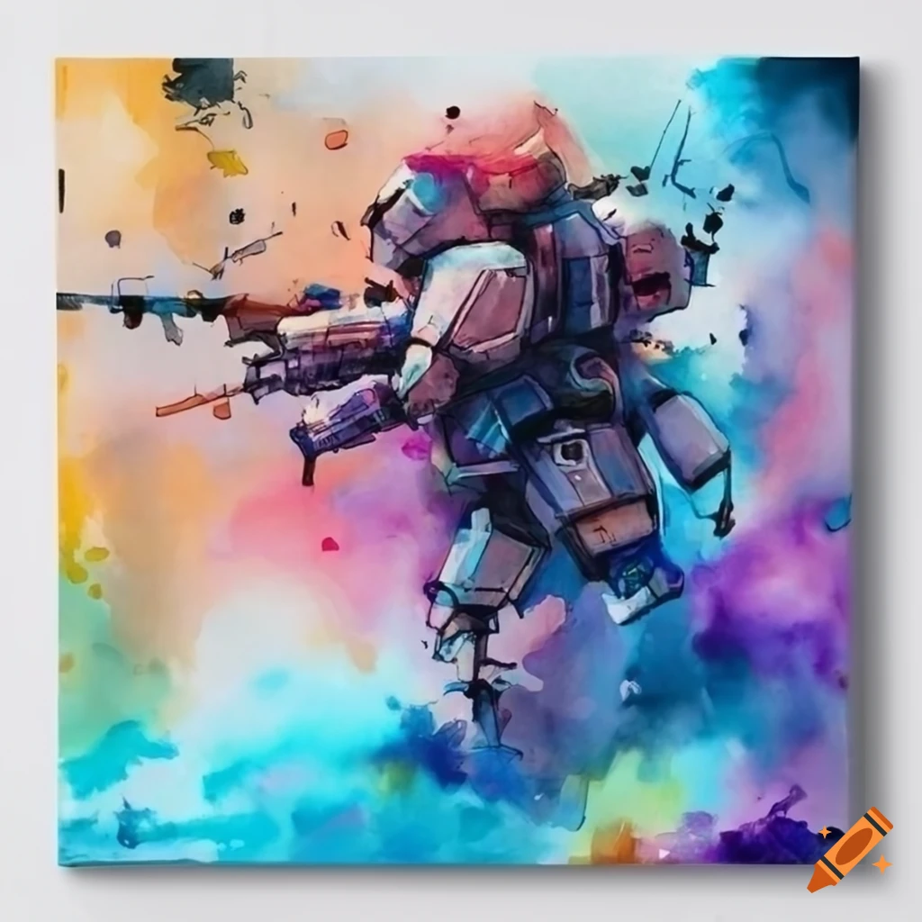 Beautiful watercolor mech on a floating canvas wrap on Craiyon