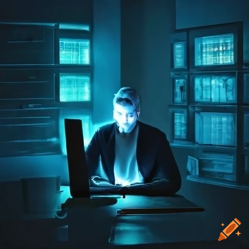 Man sitting with computer glow in dark room on Craiyon