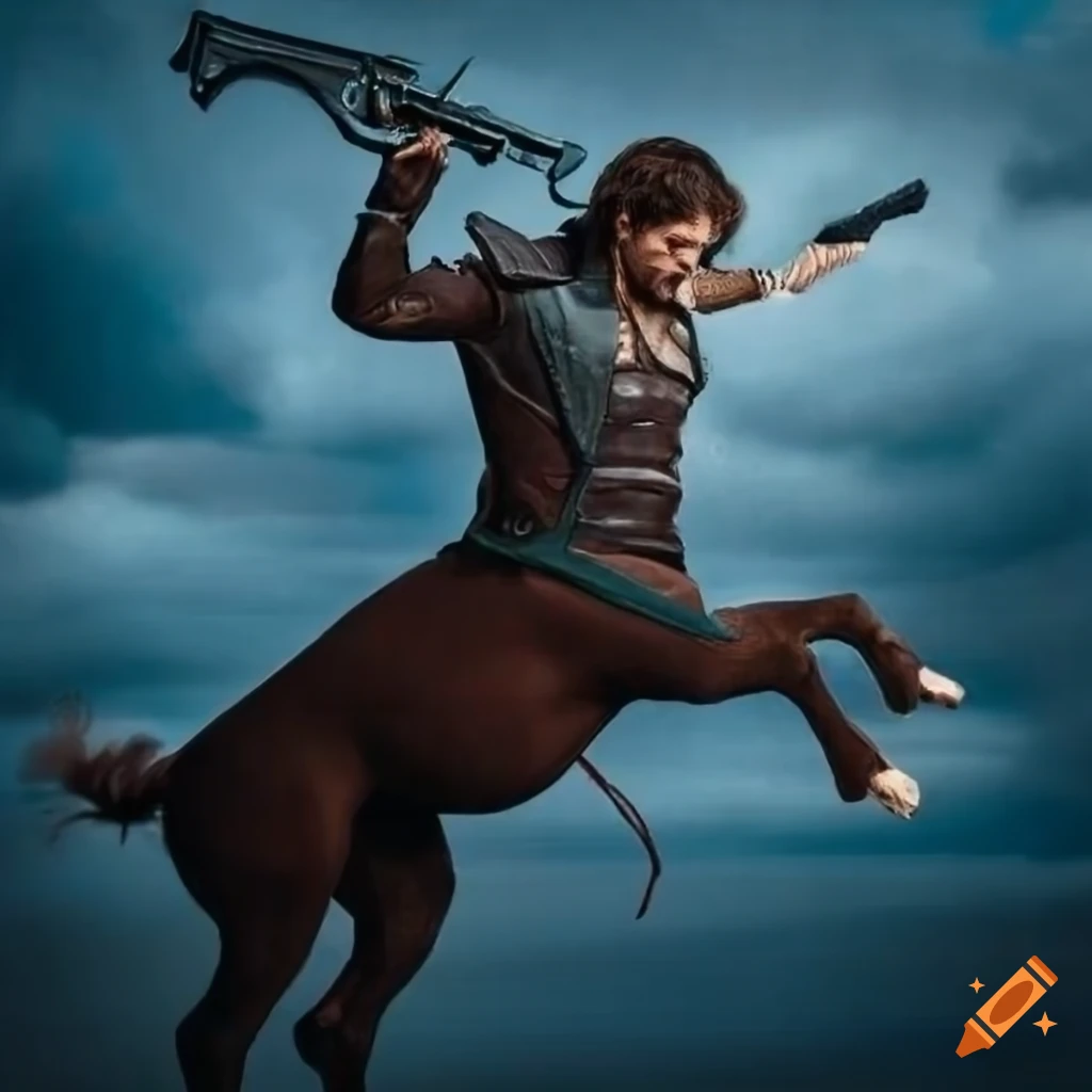 Intricately detailed wealthy centaur with a revolver in a stormy sky on ...