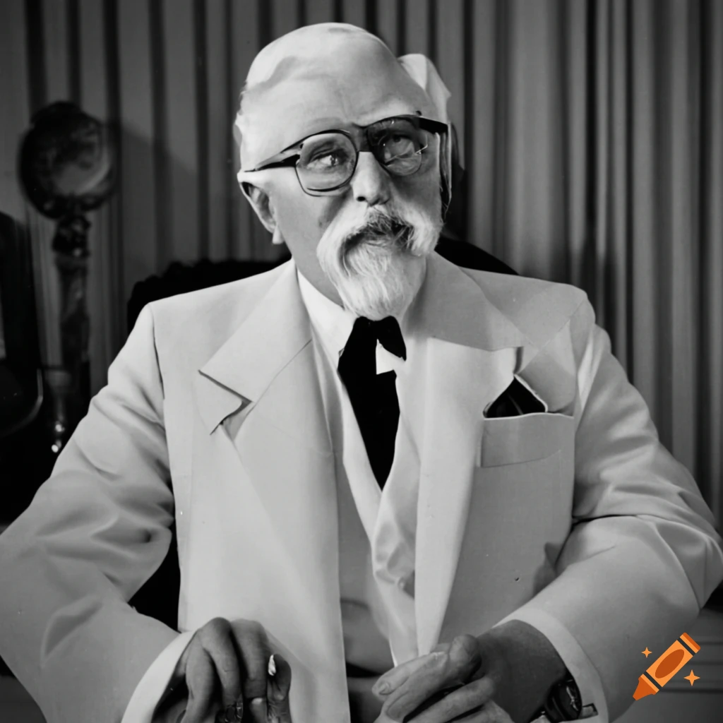 Colonel Sanders in a white suit with a cane posing in the Oval Office ...