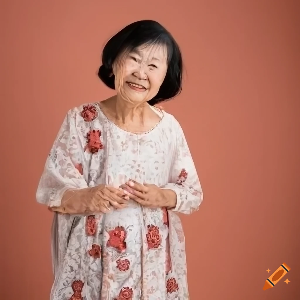 Charming asian grandmother in a flowing muumuu dress and sandals on Craiyon