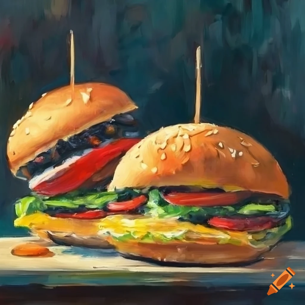 Delicious burger on a table in an impressionist style on Craiyon