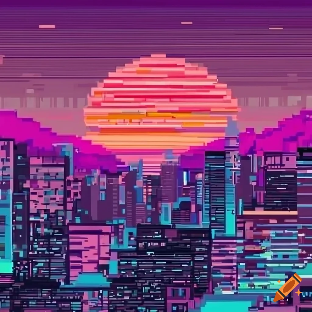 Vaporwave style city at sunset in pixel art on Craiyon