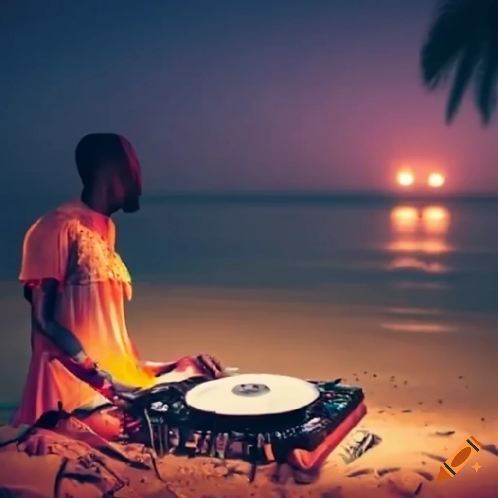 Senegalese dj mixing on the beach at night under coconut trees ...