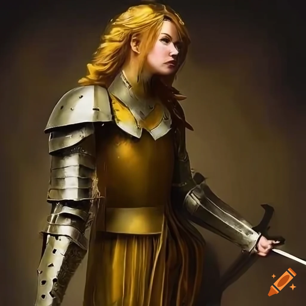Medieval woman in yellow armor wielding a sword on Craiyon