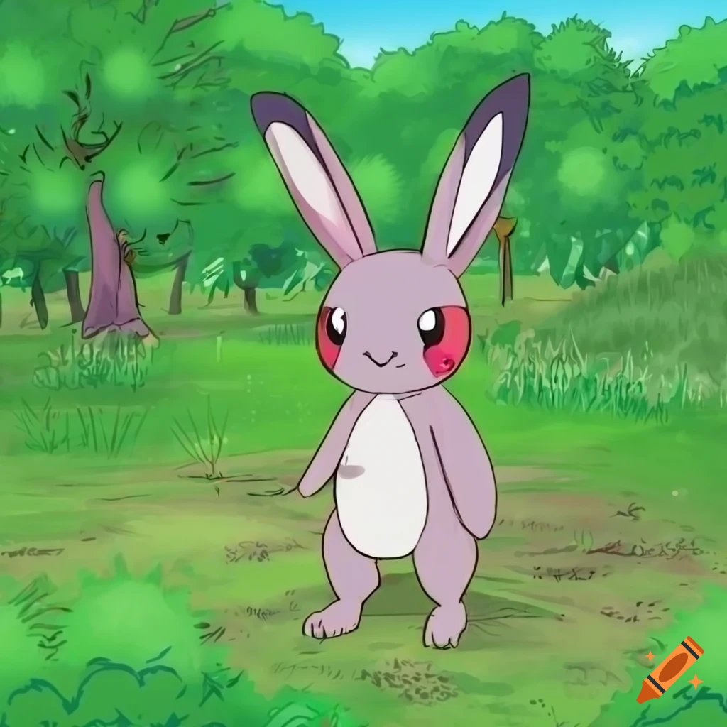 Adorable tall anthropomorphic bunny Pokemon on grassland on Craiyon