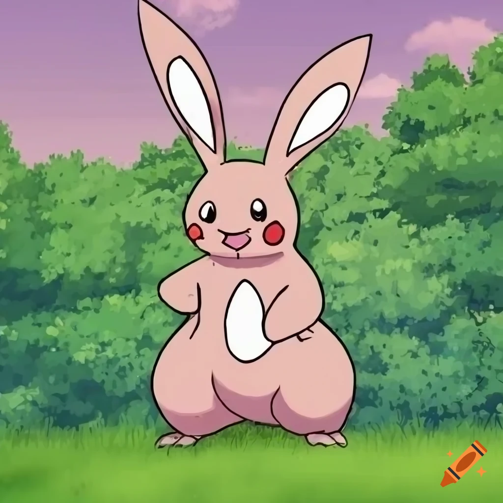 Adorable tall pink bunny pokemon on verdant grassland on Craiyon