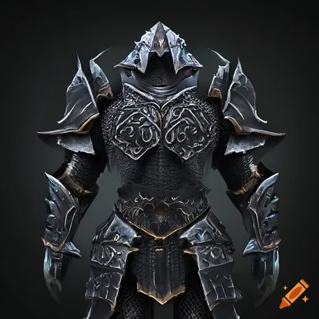 Front view of adorned black magic armor on Craiyon