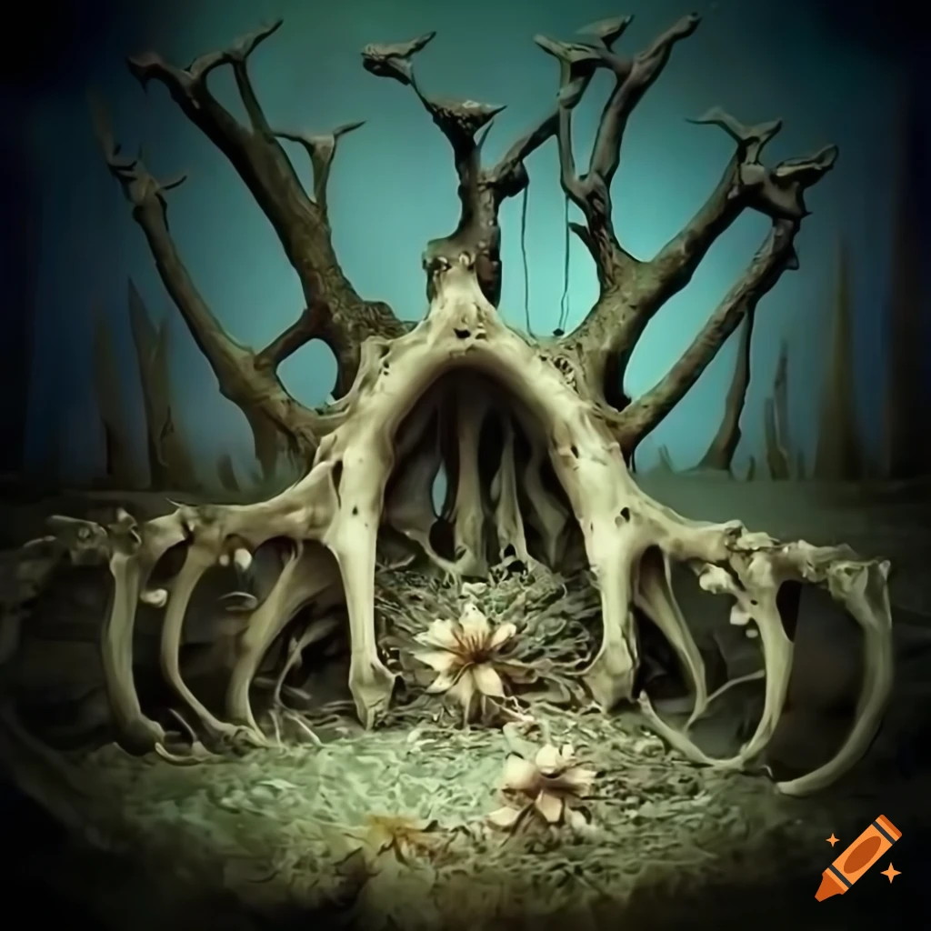 Surreal fantasy land made of bones with bright background on Craiyon