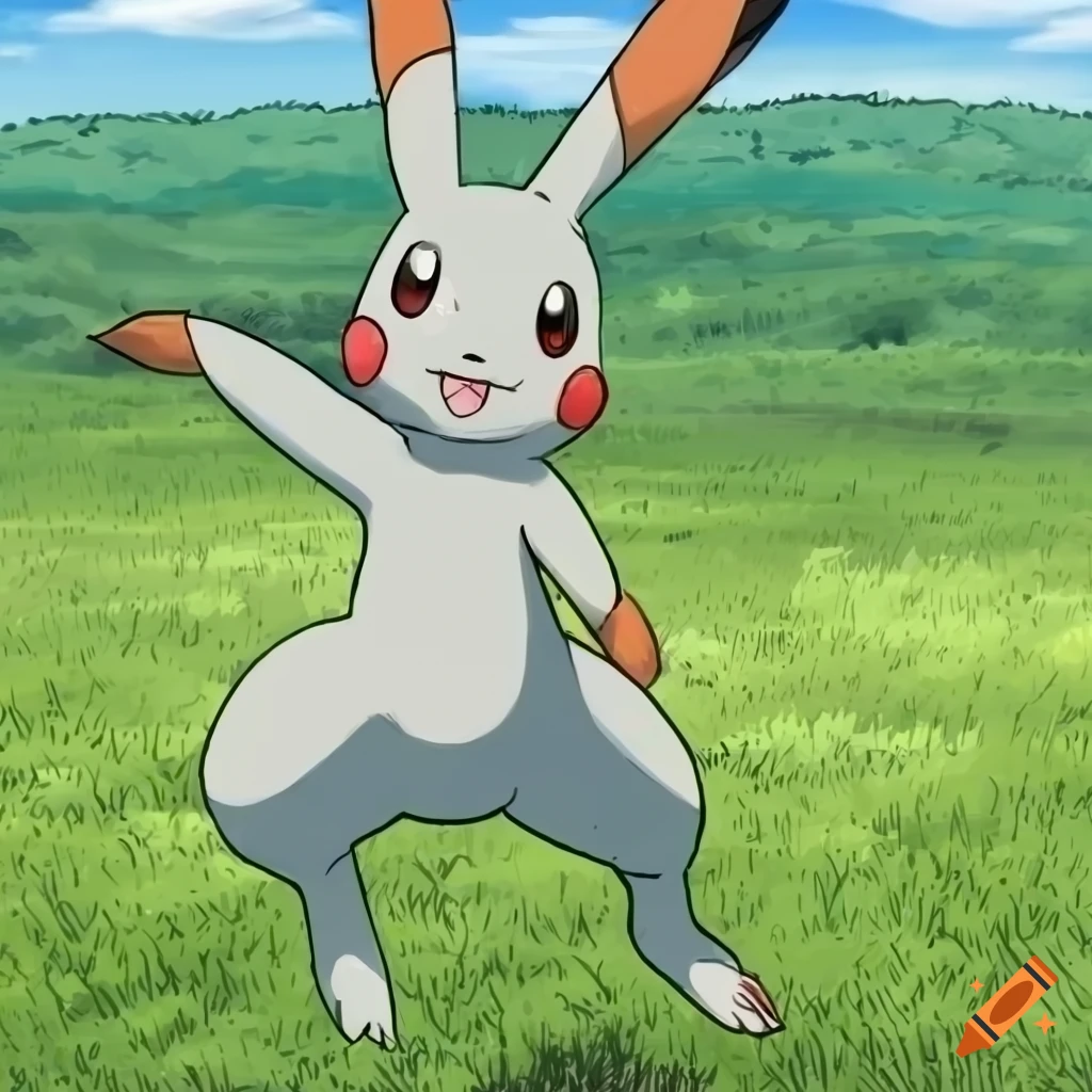 Anthropomorphic bunny Pokemon standing tall on a grassland on Craiyon