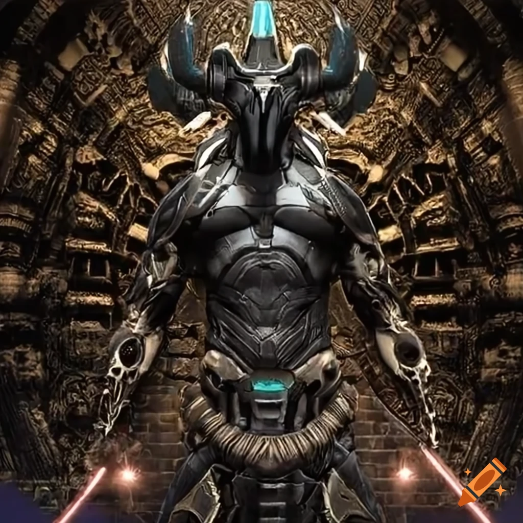 Anubis, the god of death with cyborg features in front of temple ruins ...