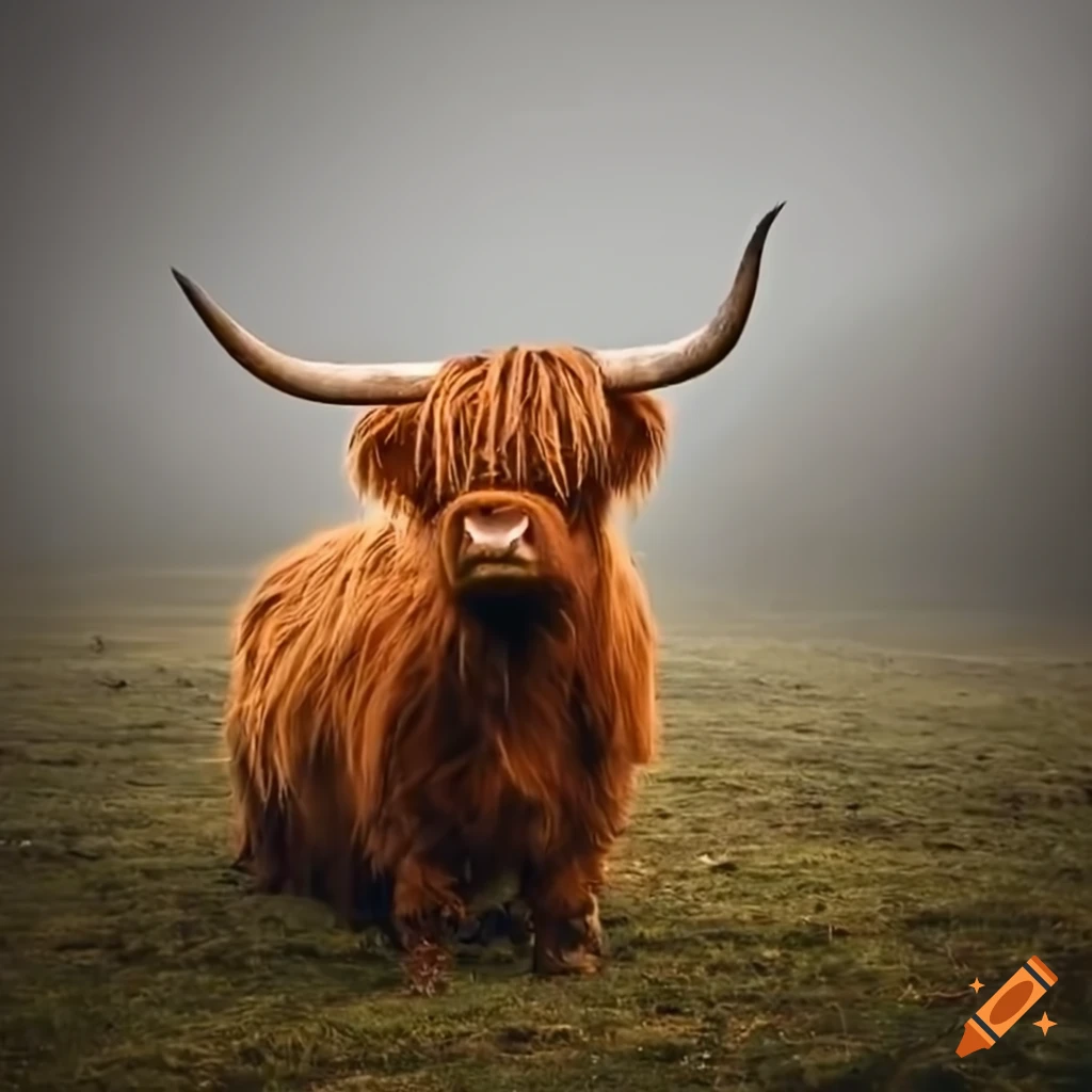 Scottish highland cattle farm in a misty field on Craiyon