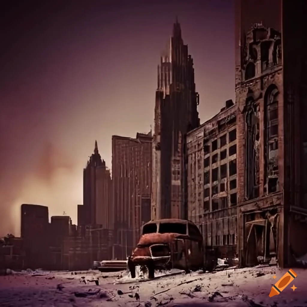 Haunting Detroit cityscape inspired by Fallout with ruins, rusted ...