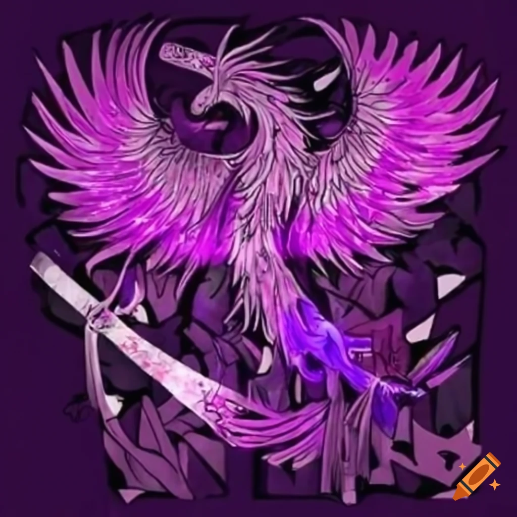 Mythical phoenix with bloody katana amidst purple shattered glass on ...