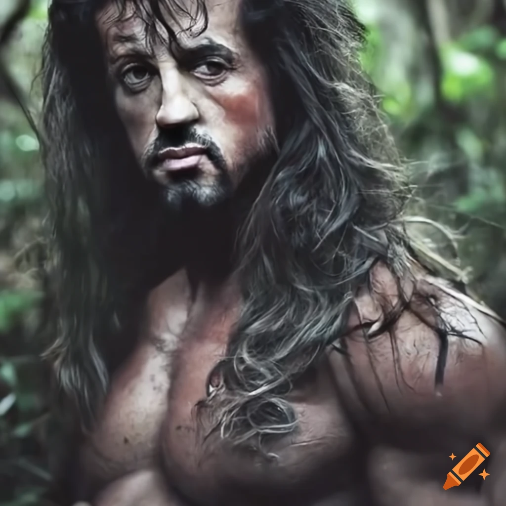 Cinematic depiction of a young long-haired sylvester stallone as john ...