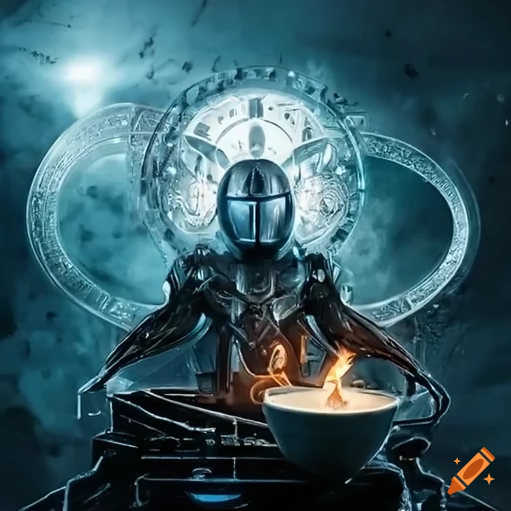 Futuristic coffee machine with portals to another dimension in dark ...