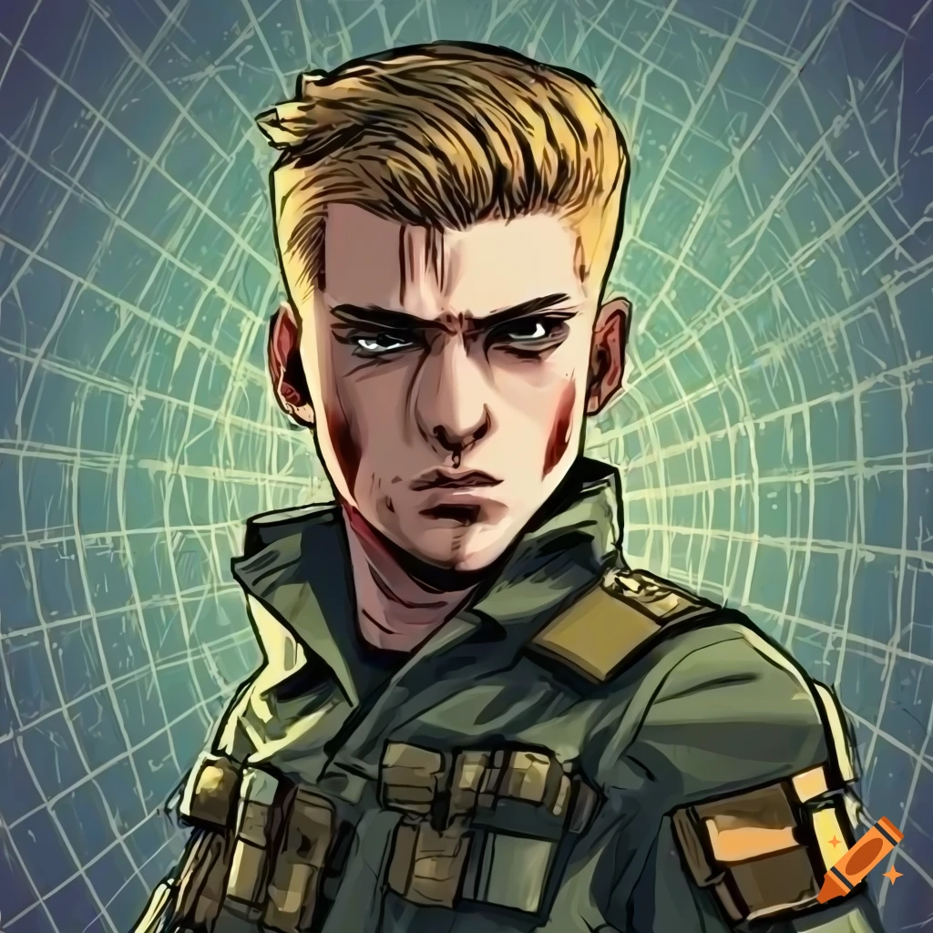 Intense and handsome man in black military uniform with short blond hair in a modern comic book ...