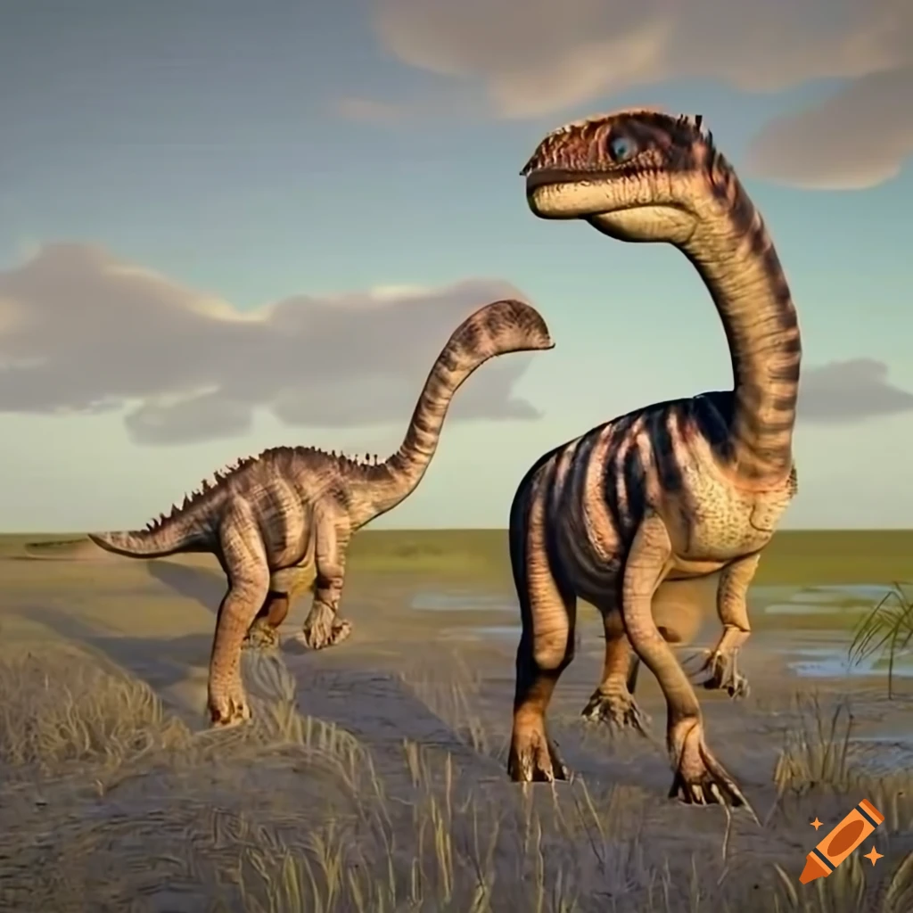 Grey and brown hadrosaurus dinosaurs in the everglades at sunrise on ...