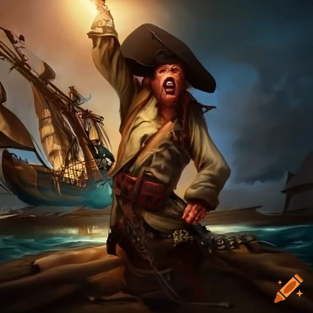 Pirate captain on a ship shouting 'charge' on Craiyon