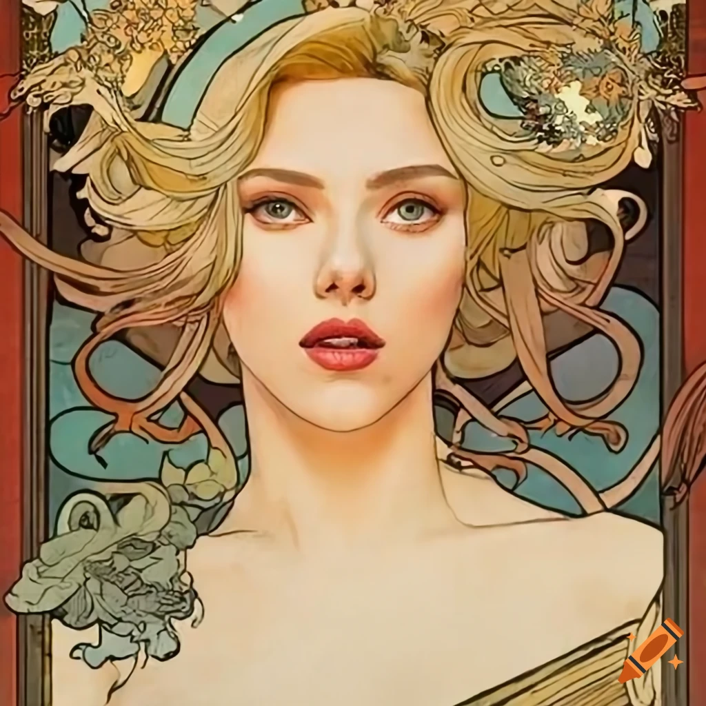 Art nouveau portrait of a woman with flowers by alphonse mucha on Craiyon