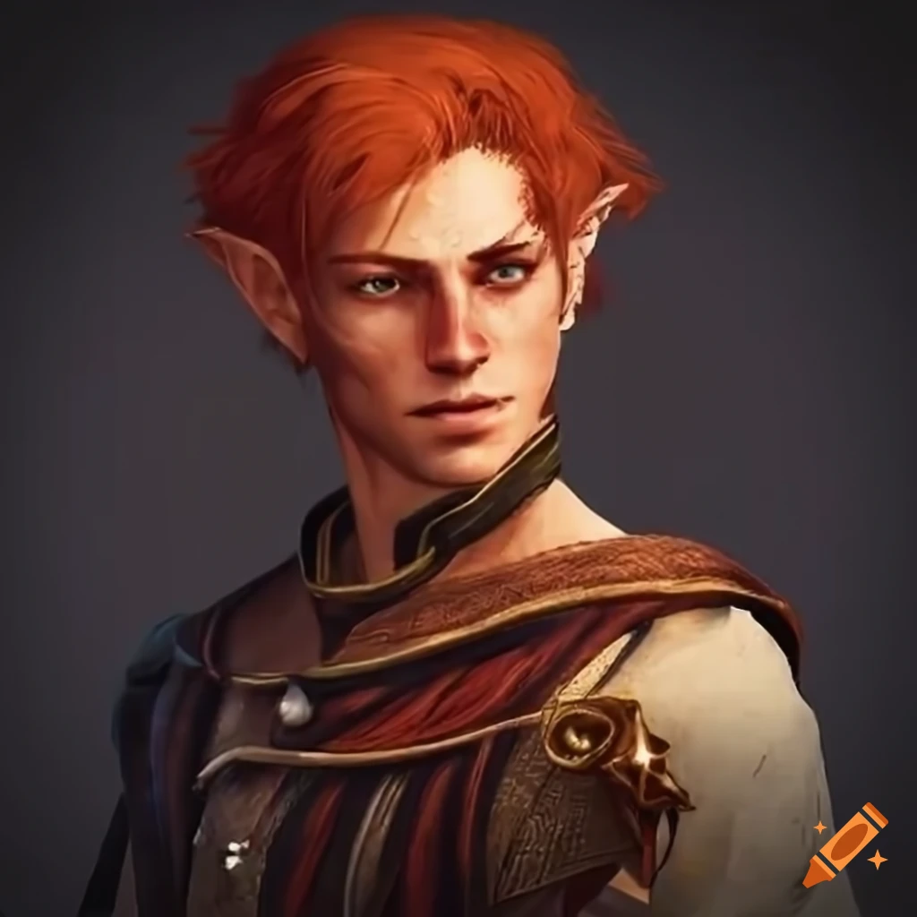 Red-haired man from Baldur's Gate 3, a handsome half-elf with blue eyes ...