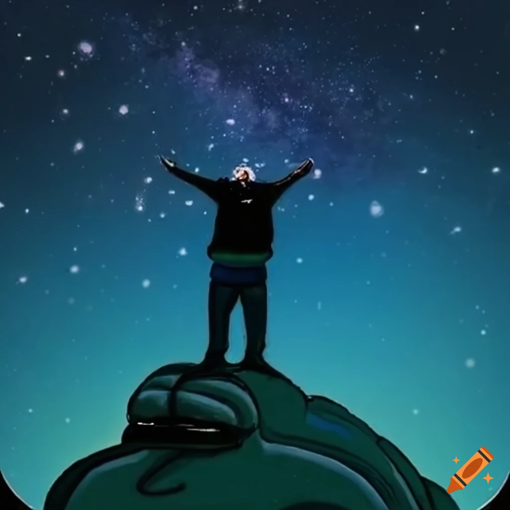 Pepe the frog looking up at the night sky on Craiyon