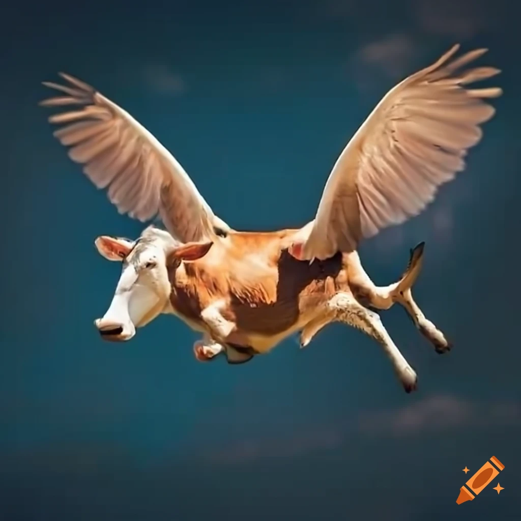 Flying cow with wings jumping off a cliff on Craiyon