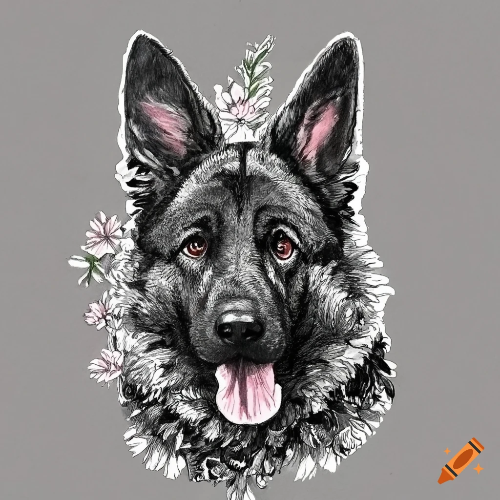 German shepherd black dog ink drawing in flora style with sakura flower ...