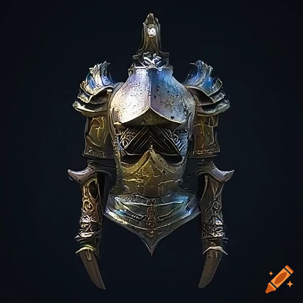 Front view of ornate magic lacquered armor on Craiyon
